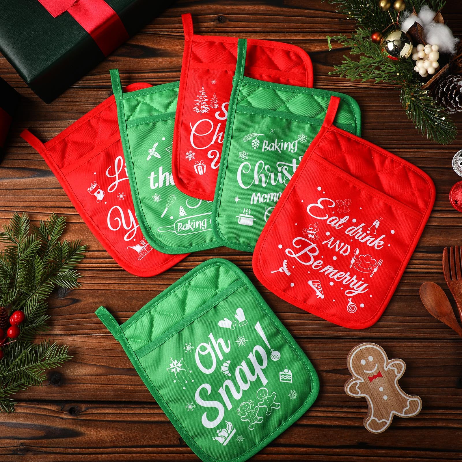 12 Pieces Christmas Pot Holders with Pocket Red Pocket Pot Holder Kitchen Hot Pad Oven Mitts Farmhouse Hot Potholders Cookie Bag Kitchen Cooking Baking