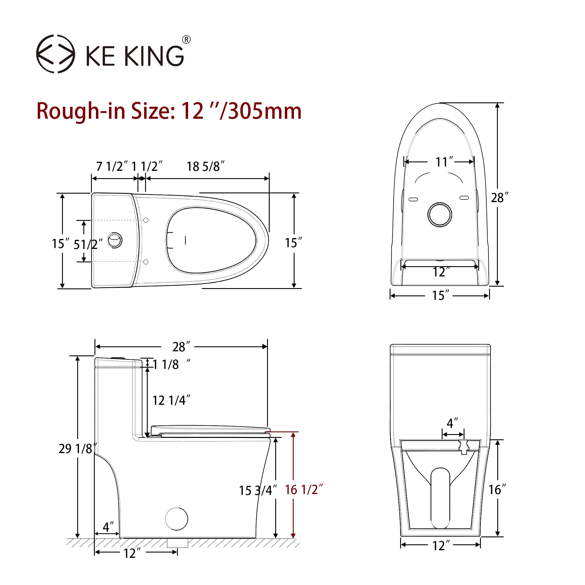 KE KING Water Saving 0.8/1.28 GPF High Efficient Dual-Flush Elongated One-Piece Toilet with Comfort Chair Seat ADA Height, Sleek White Toilet Bowl