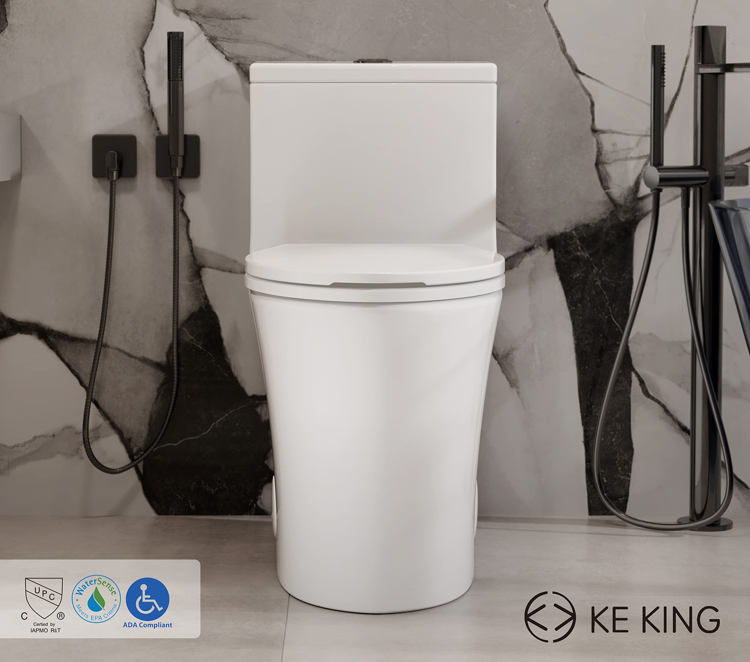 KE KING Water Saving 0.8/1.28 GPF High Efficient Dual-Flush Elongated One-Piece Toilet with Comfort Chair Seat ADA Height, Sleek White Toilet Bowl