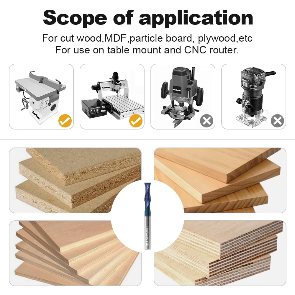 FivePears Up Cut Spiral Router Bit 1/4 inch Shank for CNC with Extreme Life Coated, 1/4" Cutting Diameter, 1" Cutting Length, CNC Carbide End Mill for Wood Carving Engraving Grinding Grooving