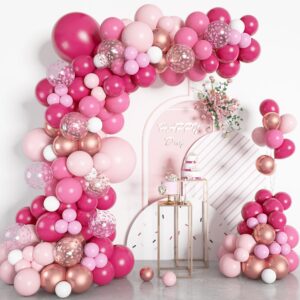 156pcs pink balloon garland arch kit, hot pink metallic rose gold chrome confetti balloons for wedding women birthday princess theme bridal baby shower mother's valentine's day party decorations