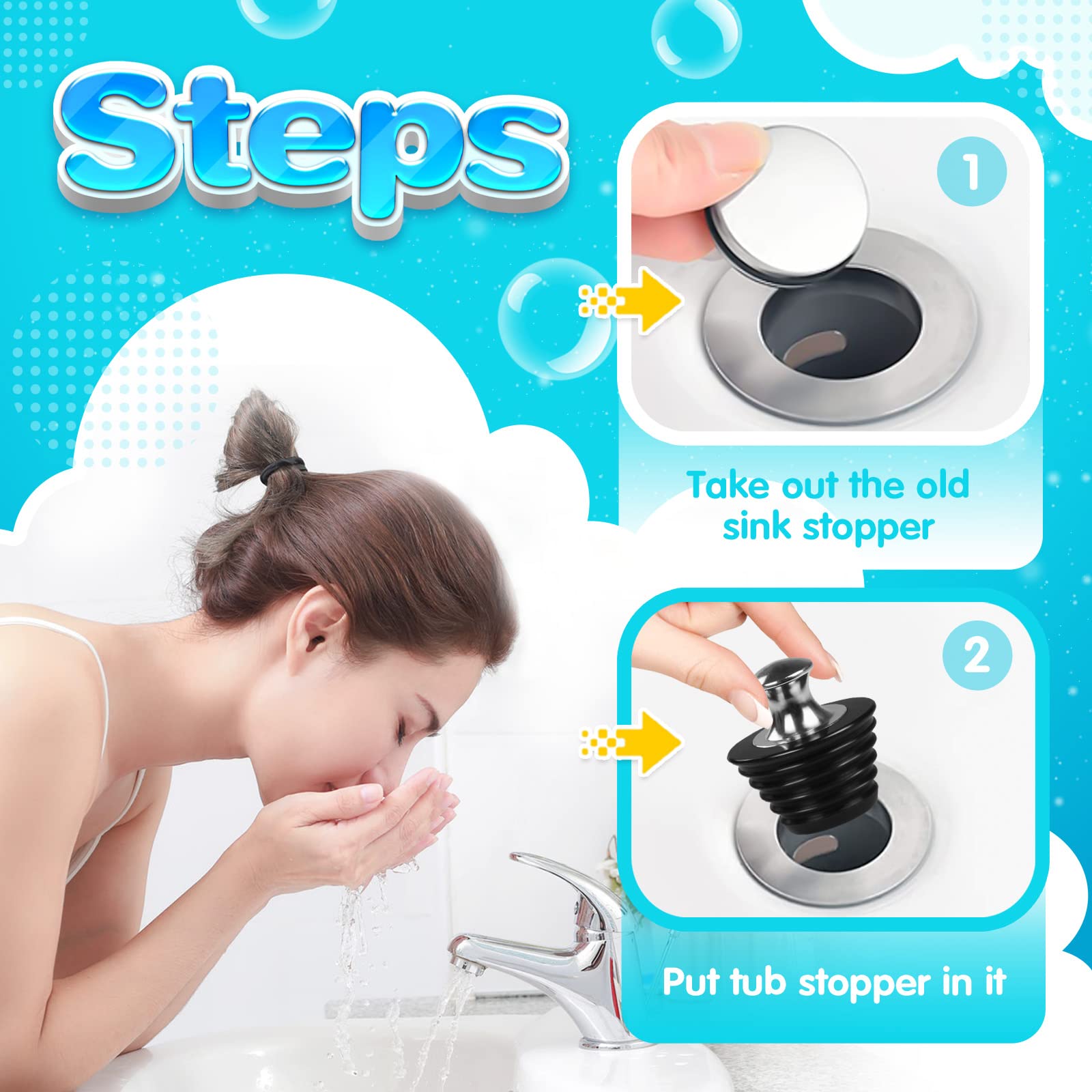 Bathtub Stopper, 2 Pack Universal Metal Bathtub Plug Silicone Bathtub Stopper Washbasin Stopper Bathtub Drain Stopper Plug Tub Stopper Sink Stopper for Kitchen Bathtub and Bathroom Sink Drains, Black