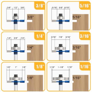 MEIGGTOOL 4Pcs Rabbet Router Bit 1/4" Shank with 6 Bearings Set - 1/16", 1/8", 3/16", 1/4", 5/16", 3/8". Interchangeable Bearings with 1/2" to 1/4" Router Collett