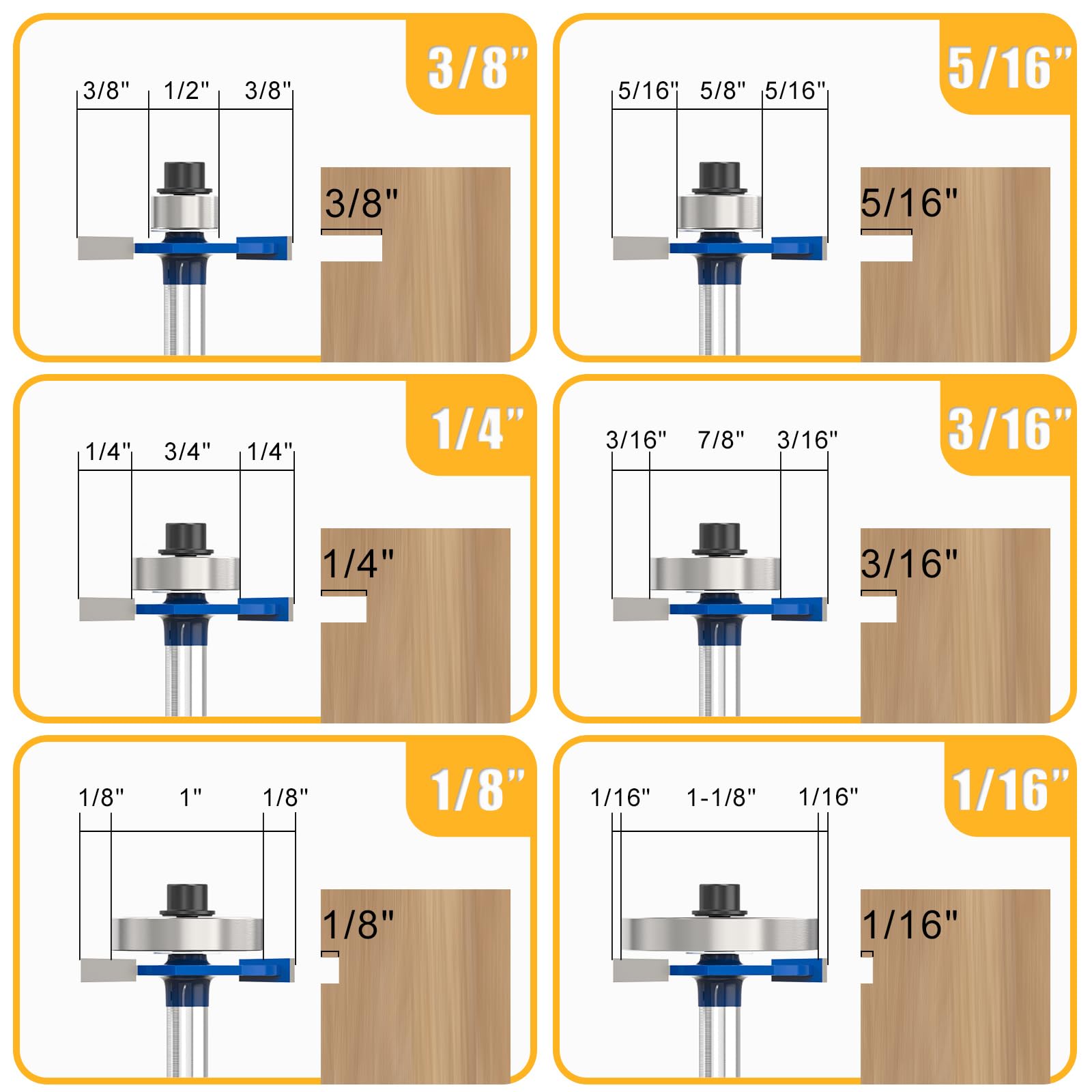 MEIGGTOOL 4Pcs Rabbet Router Bit 1/4" Shank with 6 Bearings Set - 1/16", 1/8", 3/16", 1/4", 5/16", 3/8". Interchangeable Bearings with 1/2" to 1/4" Router Collett