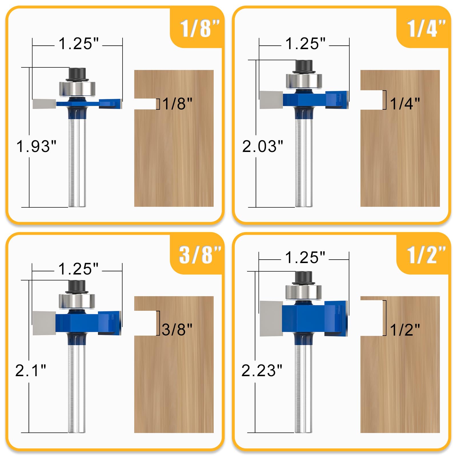 MEIGGTOOL 4Pcs Rabbet Router Bit 1/4" Shank with 6 Bearings Set - 1/16", 1/8", 3/16", 1/4", 5/16", 3/8". Interchangeable Bearings with 1/2" to 1/4" Router Collett