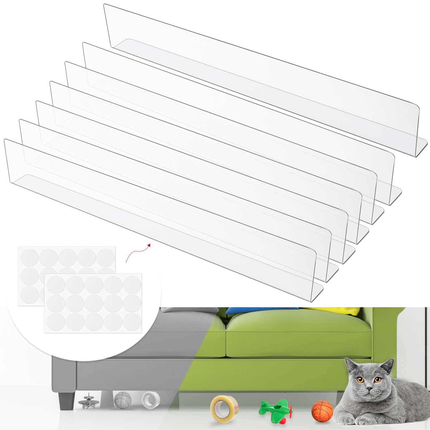 WXJ13 7 Pack 15.75" L x 2.4" H Under Sofa Blocker Clear,Acrylic Couch Blocker,Toy Blocker for Under Couch with 30 Double Sided Adhesive Spots,Prevent Pets or Things from Getting Under The Furniture