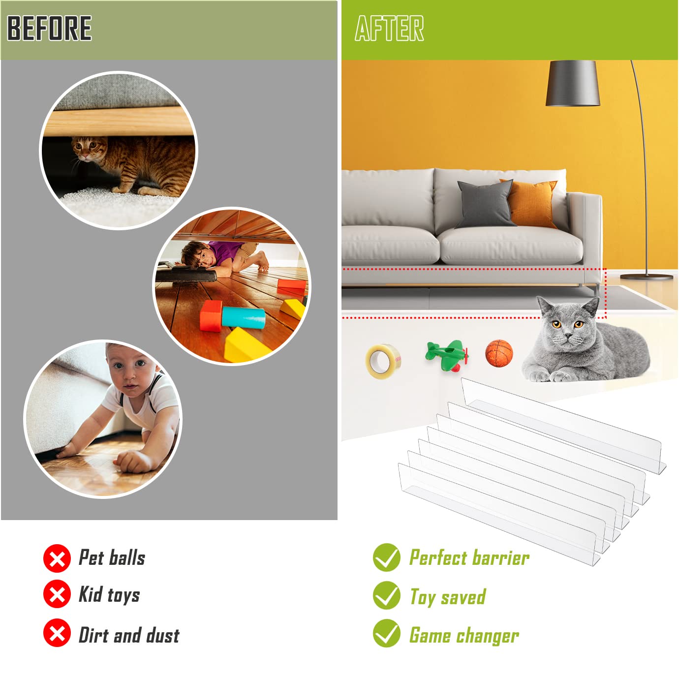 WXJ13 7 Pack 15.75" L x 2.4" H Under Sofa Blocker Clear,Acrylic Couch Blocker,Toy Blocker for Under Couch with 30 Double Sided Adhesive Spots,Prevent Pets or Things from Getting Under The Furniture