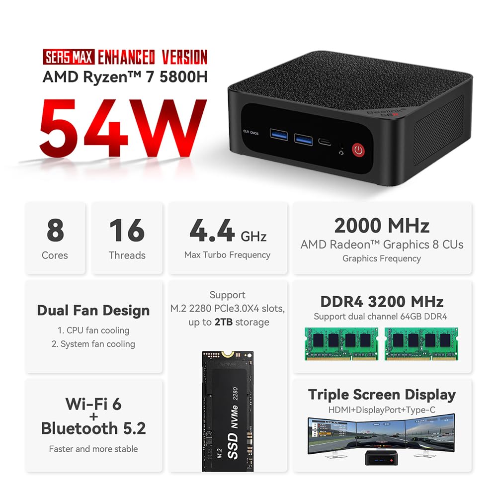 Beelink SER5 MAX Mini PC, Mini Computers with AMD Ryzen 7 5800H (8C/16T up to 4.4Ghz), 16G DDR4+500G M.2 2280 NVMe SSD, WiFi 6, 1000Mbps, BT 5.2, 4K, DP, Type-C, Radeon Graphics, TDP up to 54W