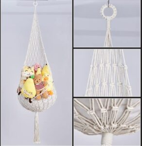 stuffed animal net large toy hammock macrame plush toy display with one hook for corners, walls and ceiling hanging net stuff animal storage for kid room bedroom playroom (beige)