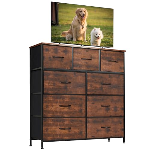 Sweetcrispy Dresser for Bedroom with 9 Fabric Drawers, Tall Chest Storage Tower, Organizer Units for Clothing Closet, Kidsroom Furniture, Steel Frame, Wood Top, Lightweight Quick Assemble Cabinet