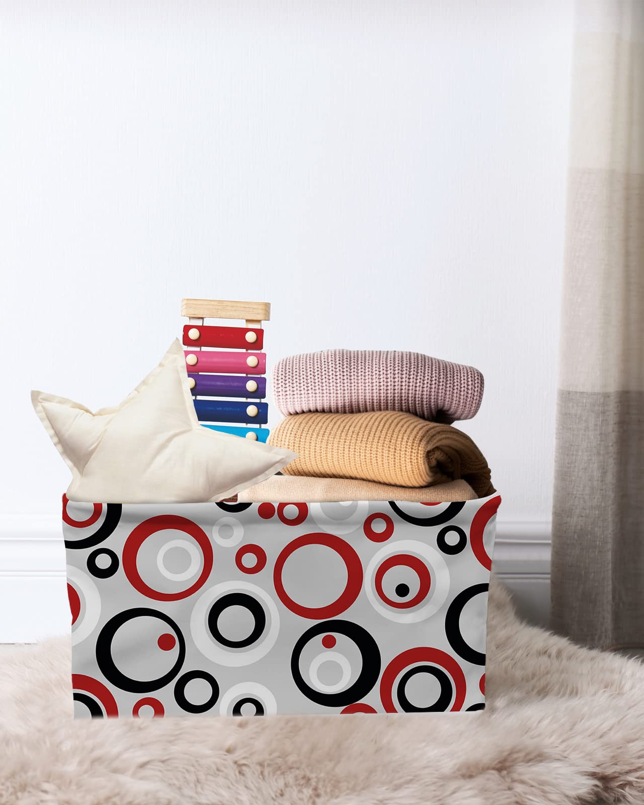 2 Packs Red Black Cube Storage Organizer Bins with Handles,Collapsible Canvas Cloth Fabric Storage Basket,Modern Geometric Boho Polka Dot Grey Books Kids' Toys Bin Boxes for Shelves,Closet