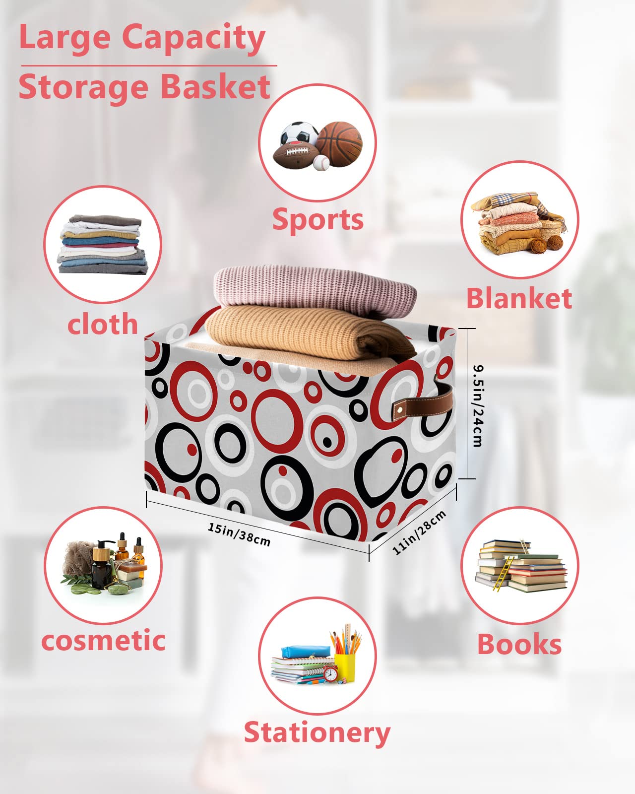 2 Packs Red Black Cube Storage Organizer Bins with Handles,Collapsible Canvas Cloth Fabric Storage Basket,Modern Geometric Boho Polka Dot Grey Books Kids' Toys Bin Boxes for Shelves,Closet