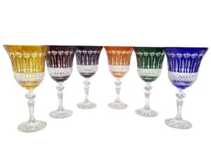 6 red/white wine water crystal glasses - 6 colors assortments - roemer service diamant (22cl) - klein house - company : artisan du cristal - gift set - stamped : klein 54120 baccarat france