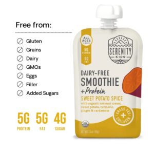 Serenity Kids 6+ Months Dairy-Free Smoothie Baby Food | USDA Organic | Grass Fed Collagen Protein | 3.5 Ounce BPA-Free Pouch | Variety Pack | 8 Count