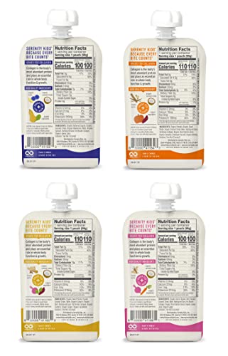 Serenity Kids 6+ Months Dairy-Free Smoothie Baby Food | USDA Organic | Grass Fed Collagen Protein | 3.5 Ounce BPA-Free Pouch | Variety Pack | 8 Count