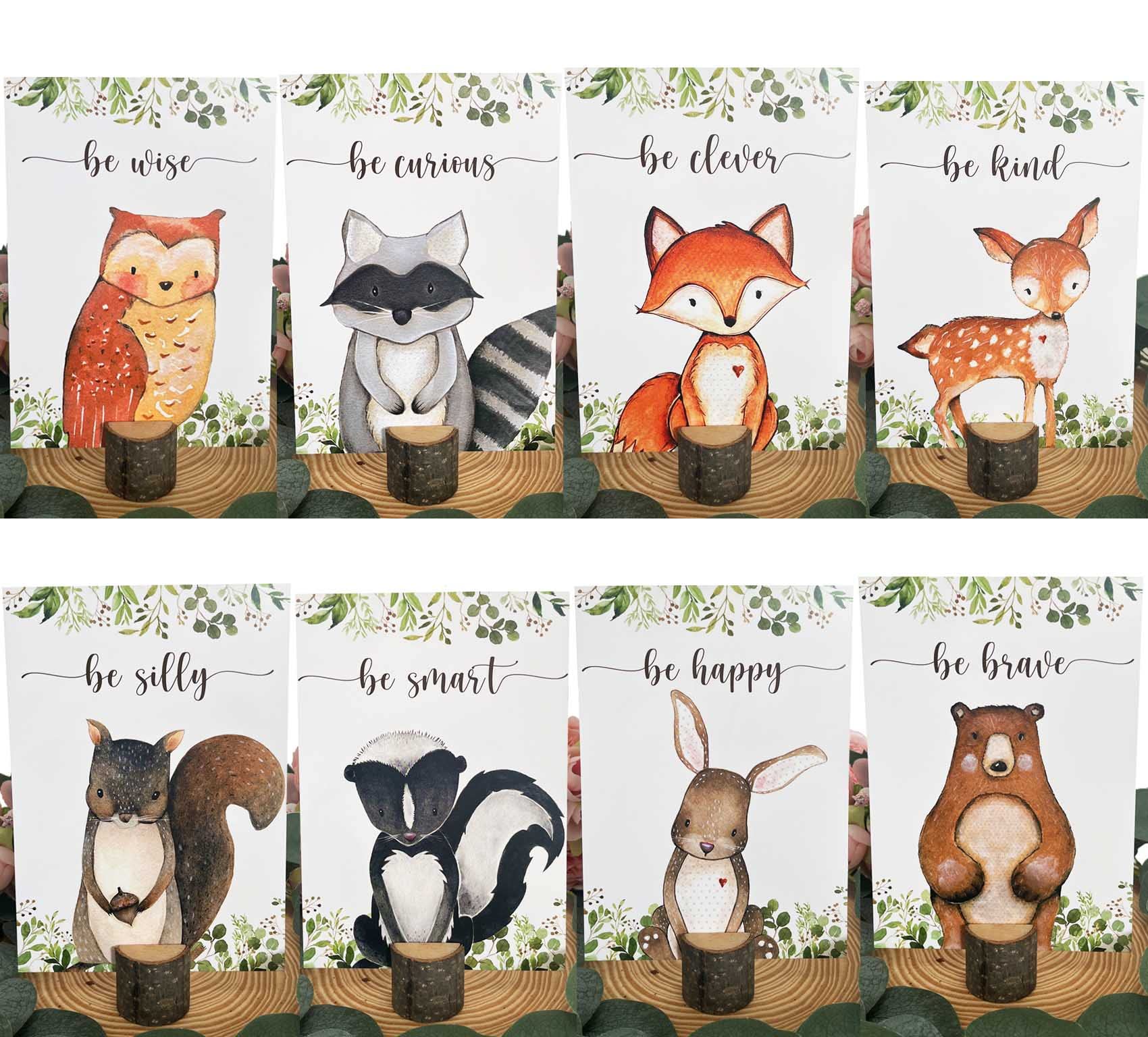 8Pcs Woodland Centerpieces and Wooden Stands, Woodland Animal Baby Shower for Table Decorations, Double Side Forest Themed Birthday Party Supplies, Wild One Birthday Party Decorations for Boys Girls