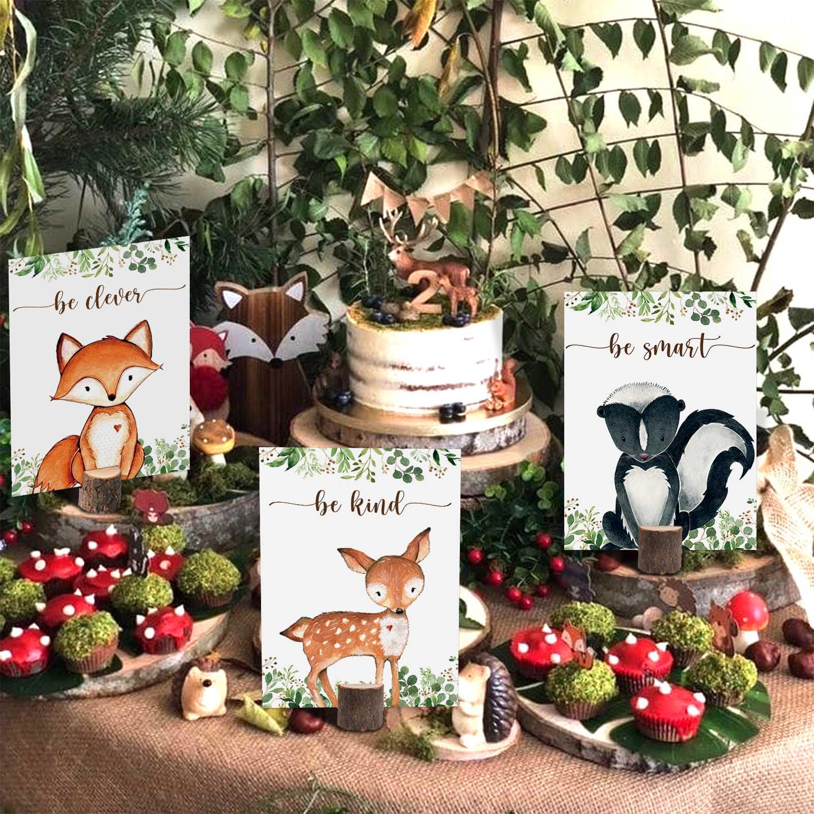 8Pcs Woodland Centerpieces and Wooden Stands, Woodland Animal Baby Shower for Table Decorations, Double Side Forest Themed Birthday Party Supplies, Wild One Birthday Party Decorations for Boys Girls