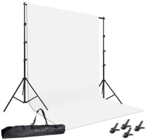 hyj-inc photo background support system with 8.5 x 10ft backdrop stand kit, 100% white cotton muslin backdrop,clamp, carry bag for photography video studio