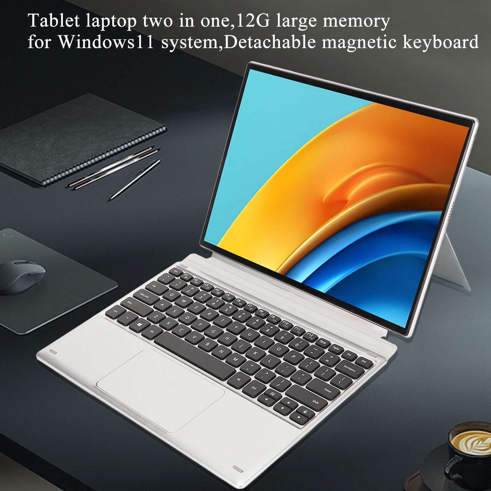 12.3 Inch Laptop, 2 in 1 IPS HD Touch Screen Laptop for Windows11, 12GB Memory 512GB SSD, with Magnetic Keyboard, Multiple Ports, Tablet Laptop for Home, Office