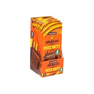 feastables mrbeast milk chocolate bars with peanut butter - deez nuts - made with grass-fed milk chocolate and organic cocoa. only 7 ingredients, 10 count