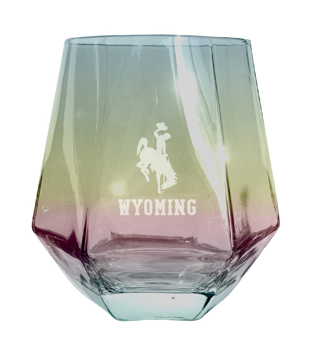 R and R Imports University of Wyoming Etched Diamond Cut Stemless 10 Ounce Wine Glass Iridescent 2-Pack Officially Licensed Collegiate Product