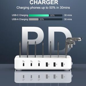 TYCRALI USB C Charging Station - 100W 6 Port Charger Station with 3 PD USB C Fast Port, 6 Short Cables, Charging Dock Designed for Apple iPhone iPad Android (Watch Charger NOT Included)