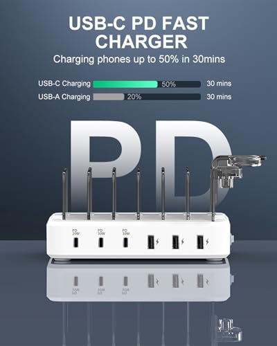 TYCRALI USB C Charging Station - 100W 6 Port Charger Station with 3 PD USB C Fast Port, 6 Short Cables, Charging Dock Designed for Apple iPhone iPad Android (Watch Charger NOT Included)