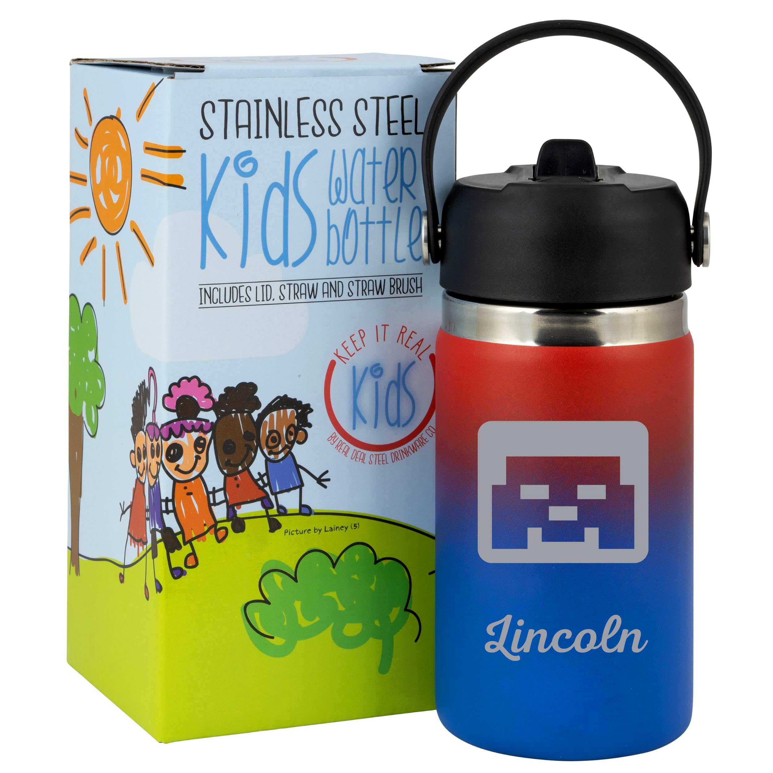 Personalized Water Bottle For Kids - Small 12oz BPA Free Custom Insulated Stainless Steel Bottle for School w/Name for Girl or Boy - w/Reusable Straw (Red/Blue)