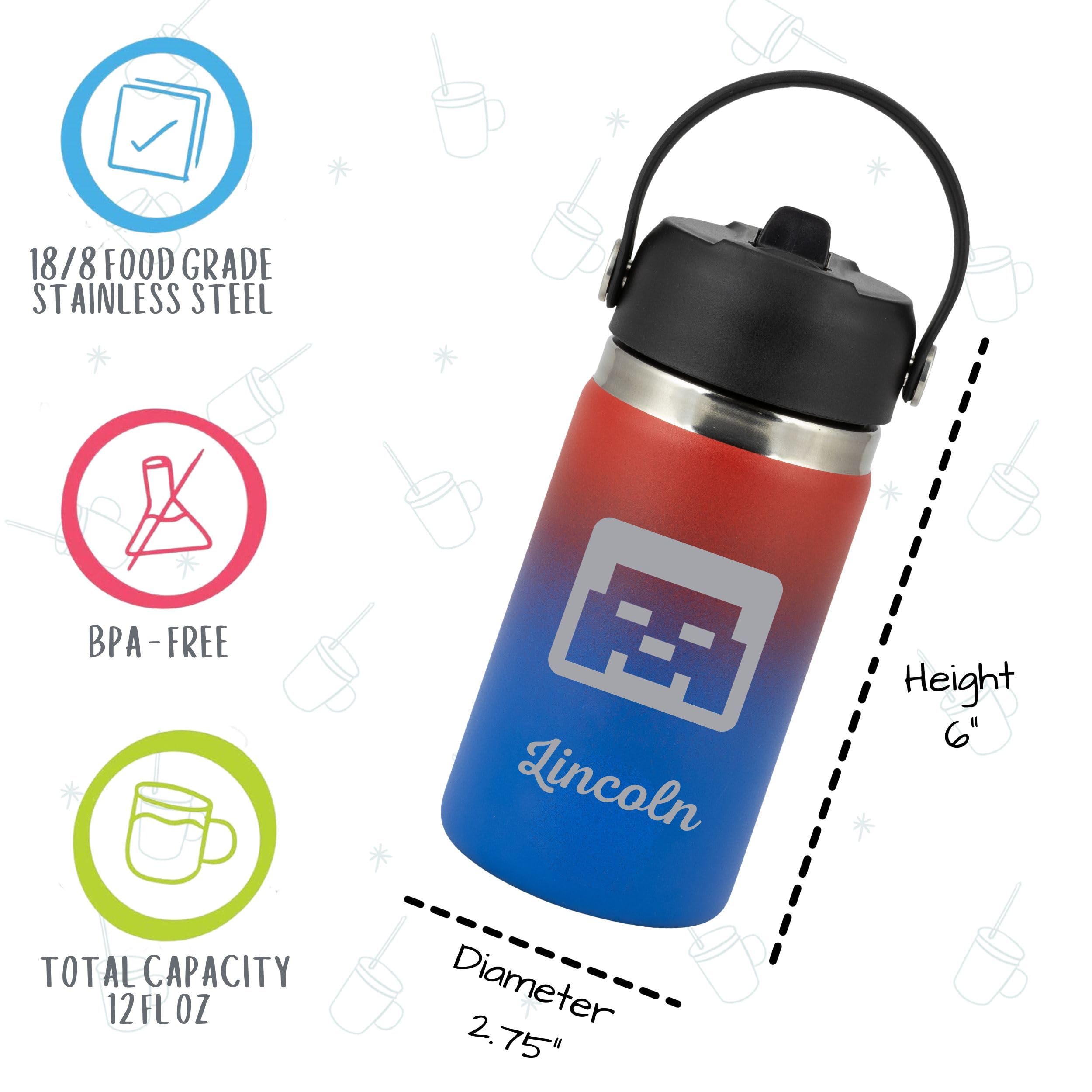 Personalized Water Bottle For Kids - Small 12oz BPA Free Custom Insulated Stainless Steel Bottle for School w/Name for Girl or Boy - w/Reusable Straw (Red/Blue)