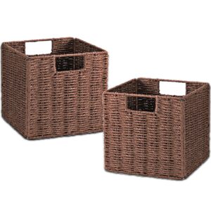 kemyfei wicker storage basket, foldable wicker storage baskets, handwoven wicker cube storage bins cube 11 inch decorative large wicker baskets for shelves bedroom nursery room pantry, 2 pack (brown)