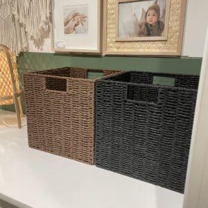 KemyFei Wicker Storage Basket, Foldable Wicker Storage Baskets, Handwoven Wicker Cube Storage Bins Cube 11 inch Decorative Large Wicker Baskets for Shelves Bedroom Nursery Room Pantry, 2 Pack (Brown)