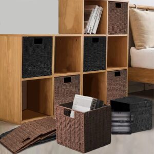 KemyFei Wicker Storage Basket, Foldable Wicker Storage Baskets, Handwoven Wicker Cube Storage Bins Cube 11 inch Decorative Large Wicker Baskets for Shelves Bedroom Nursery Room Pantry, 2 Pack (Brown)