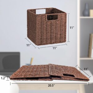 KemyFei Wicker Storage Basket, Foldable Wicker Storage Baskets, Handwoven Wicker Cube Storage Bins Cube 11 inch Decorative Large Wicker Baskets for Shelves Bedroom Nursery Room Pantry, 2 Pack (Brown)