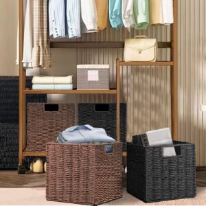 KemyFei Wicker Storage Basket, Foldable Wicker Storage Baskets, Handwoven Wicker Cube Storage Bins Cube 11 inch Decorative Large Wicker Baskets for Shelves Bedroom Nursery Room Pantry, 2 Pack (Brown)