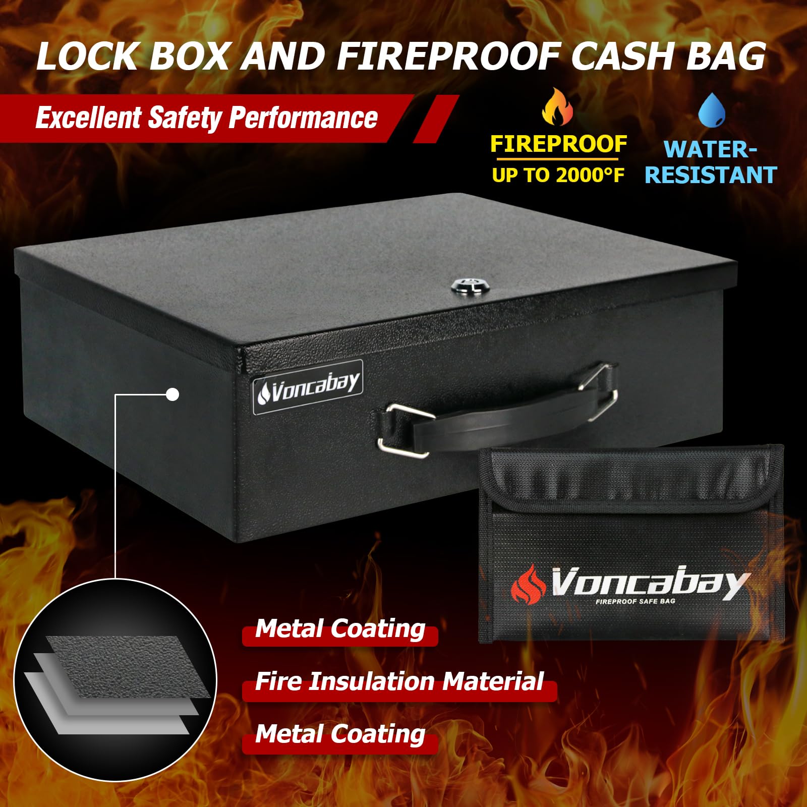 Voncabay Money Safe Box for Home & Fireproof Money Bag for Cash Safe, Portable Fireproof Document Box with Keys, 0.33 Cubic Feet Lock Box with Hand Grip for Personal Items, Cash,Jewelry, Gun