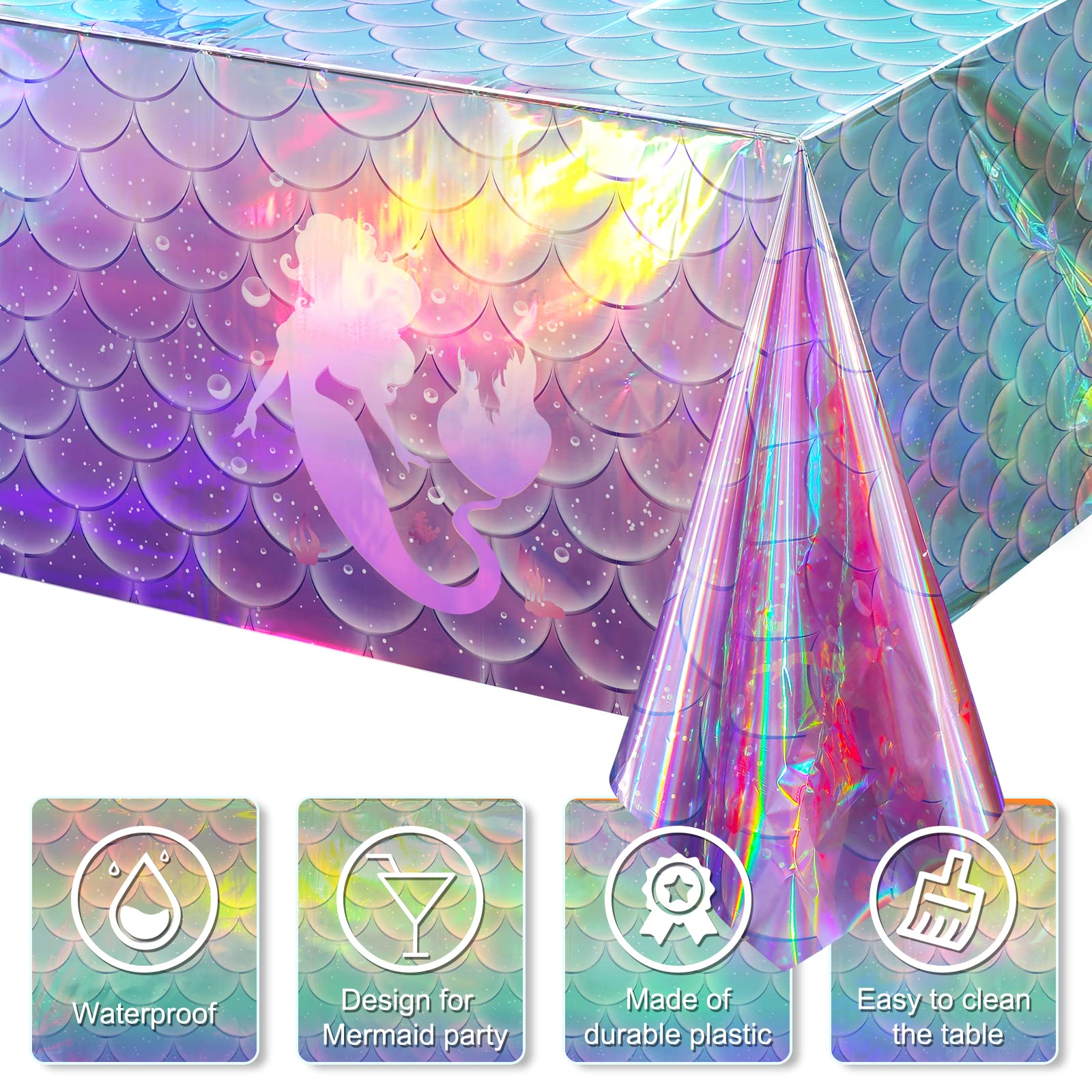 3Pcs Mermaid Iridescence Plastic Tablecloths,Mermaid Laser Table Cloths Holographic Foil Disposable Table Cover for Girls Birthday Wedding Disco Holiday Mermaid Themed Party Decorations 54 x108 inch