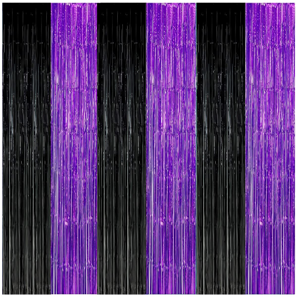 Graduation Decorations 2024 Purple Black Foil Fringe Backdrops, Black Purple Party Decorations Streamer Tinsel Curtains for Graduation Birthday Halloween Party(3 Pack)