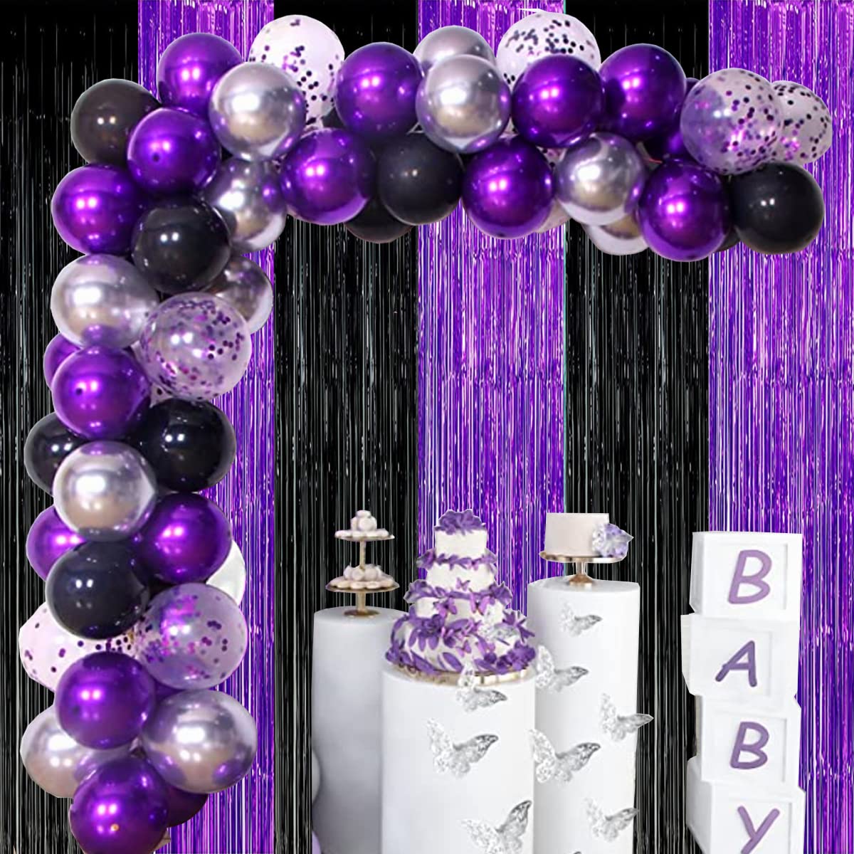 Graduation Decorations 2024 Purple Black Foil Fringe Backdrops, Black Purple Party Decorations Streamer Tinsel Curtains for Graduation Birthday Halloween Party(3 Pack)