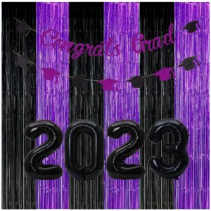 Graduation Decorations 2024 Purple Black Foil Fringe Backdrops, Black Purple Party Decorations Streamer Tinsel Curtains for Graduation Birthday Halloween Party(3 Pack)