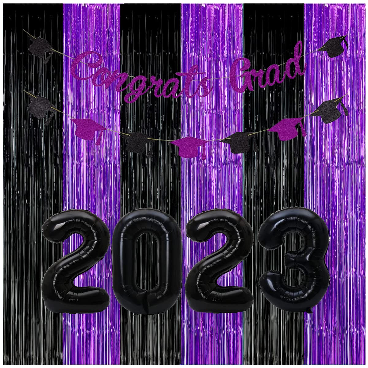 Graduation Decorations 2024 Purple Black Foil Fringe Backdrops, Black Purple Party Decorations Streamer Tinsel Curtains for Graduation Birthday Halloween Party(3 Pack)