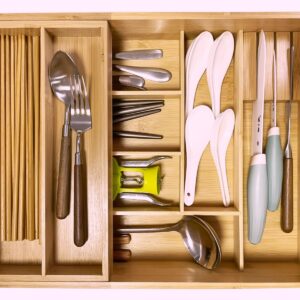 COIWAI Double layer Bamboo Kitchen Drawer Organizer, Utensil Drawer Organizer, Silverware & Cutlery Tray,With Slidable & Removable Utensil Tray,With Knife Holder, Flatware Organizer, Drawer Divider,