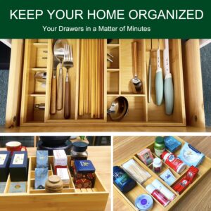 COIWAI Double layer Bamboo Kitchen Drawer Organizer, Utensil Drawer Organizer, Silverware & Cutlery Tray,With Slidable & Removable Utensil Tray,With Knife Holder, Flatware Organizer, Drawer Divider,