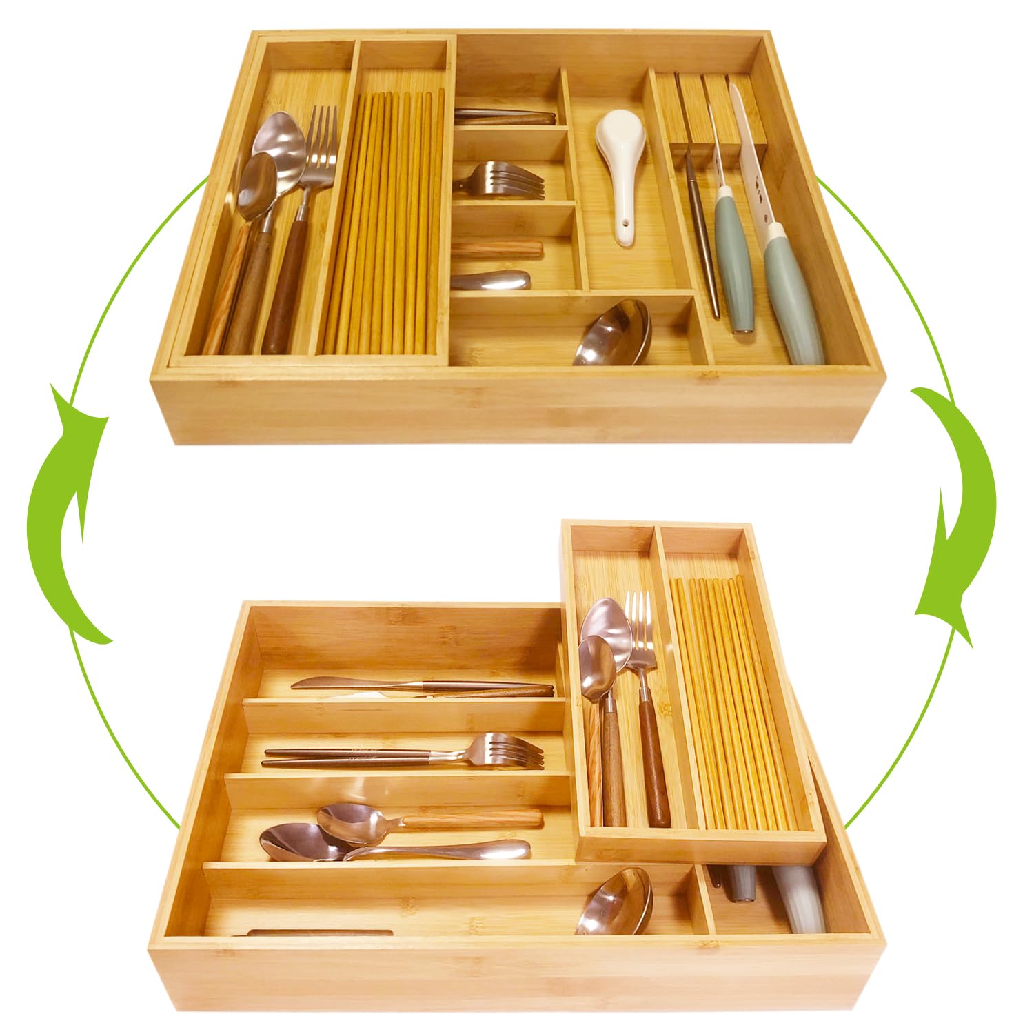 COIWAI Double layer Bamboo Kitchen Drawer Organizer, Utensil Drawer Organizer, Silverware & Cutlery Tray,With Slidable & Removable Utensil Tray,With Knife Holder, Flatware Organizer, Drawer Divider,