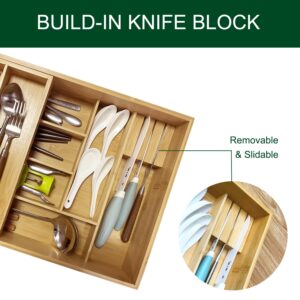 COIWAI Double layer Bamboo Kitchen Drawer Organizer, Utensil Drawer Organizer, Silverware & Cutlery Tray,With Slidable & Removable Utensil Tray,With Knife Holder, Flatware Organizer, Drawer Divider,