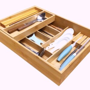 COIWAI Double layer Bamboo Kitchen Drawer Organizer, Utensil Drawer Organizer, Silverware & Cutlery Tray,With Slidable & Removable Utensil Tray,With Knife Holder, Flatware Organizer, Drawer Divider,