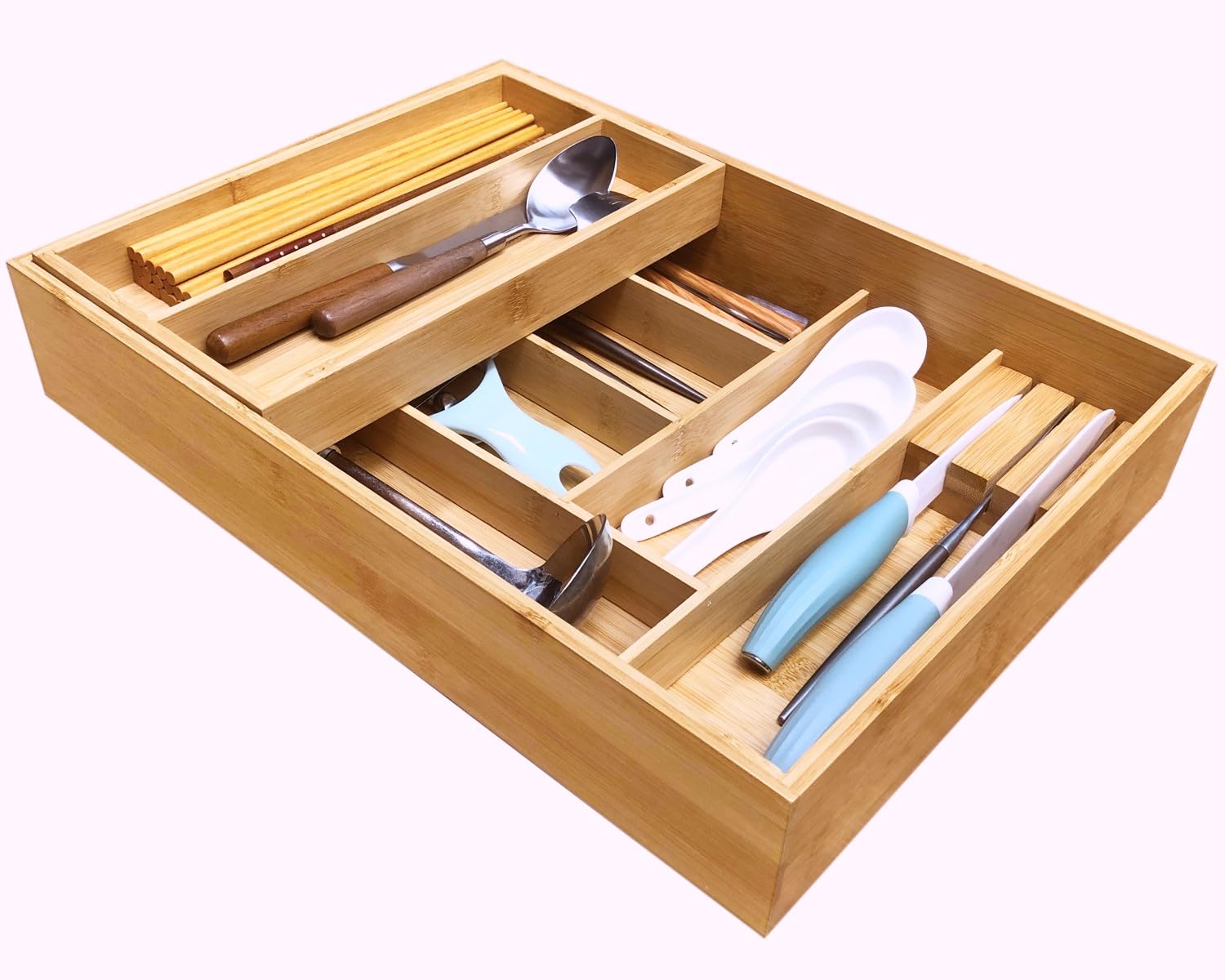 COIWAI Double layer Bamboo Kitchen Drawer Organizer, Utensil Drawer Organizer, Silverware & Cutlery Tray,With Slidable & Removable Utensil Tray,With Knife Holder, Flatware Organizer, Drawer Divider,