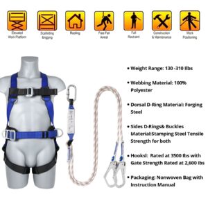 TT TRSMIMA Safety Harness Fall Protection Kit: Full Body Roofing harnesses with Shock Absorbing Lanyard - Updated Comfortable Waist Pad