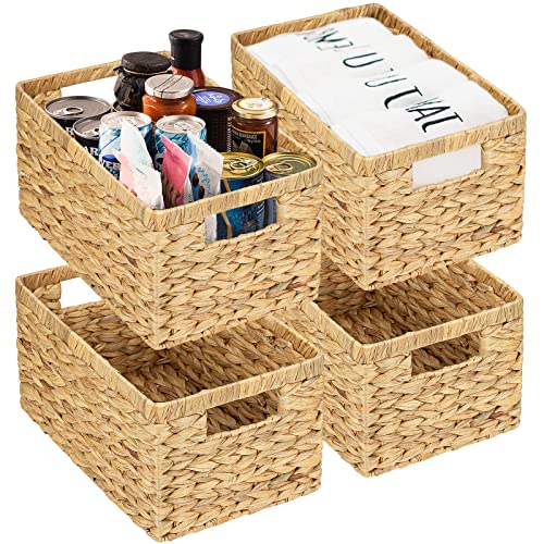 HEPFLANZE 4 Pack Water Hyacinth Storage Basket 13"L x 8-¼"W x 7"H Wicker Bins Seagrass Woven Organizer Cube for Shelves Rectangular Container, Natural Color