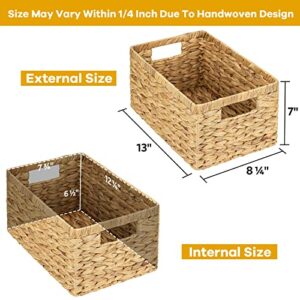 HEPFLANZE 4 Pack Water Hyacinth Storage Basket 13"L x 8-¼"W x 7"H Wicker Bins Seagrass Woven Organizer Cube for Shelves Rectangular Container, Natural Color