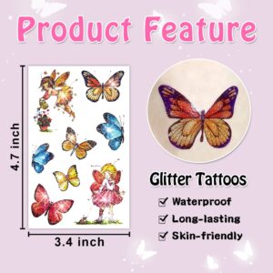 Partywind 24 Sheets Glitter Butterfly Temporary Tattoos, 240 Styles Pink Butterfly Party Supplies Favors for Girls Gifts, Fairy Flowers Party Decorations, Butterfly Baby Shower Decor